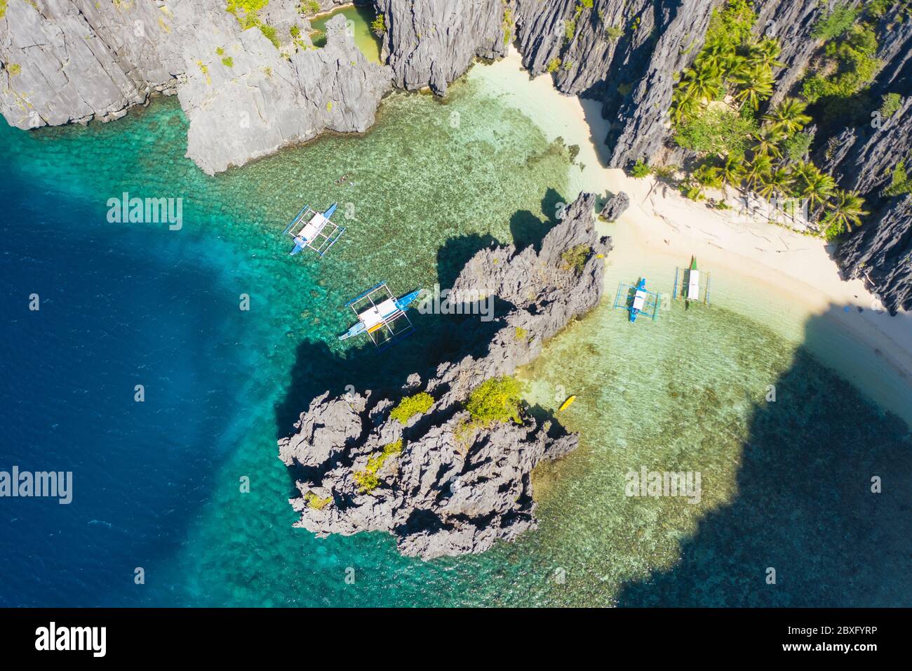 El Nido, Palawan, Philippines, aerial view of boats in lagoon and ...