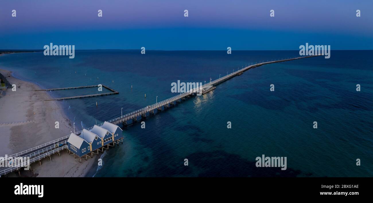 Panoramic aerial dawn view of the iconic Busselton Jetty, located 220 ...