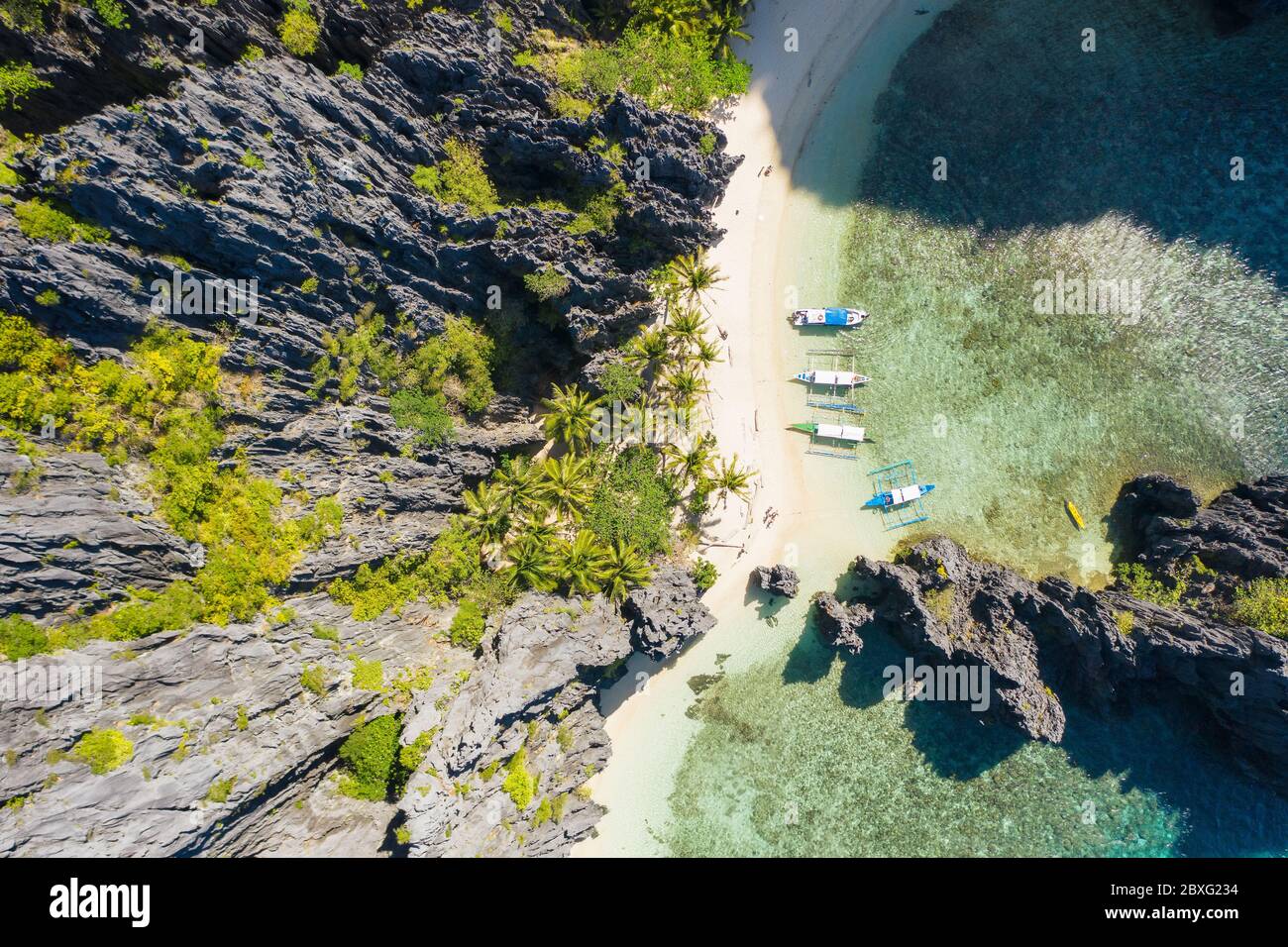 El Nido, Palawan, Philippines, top down bird eye aerial view of boats ...