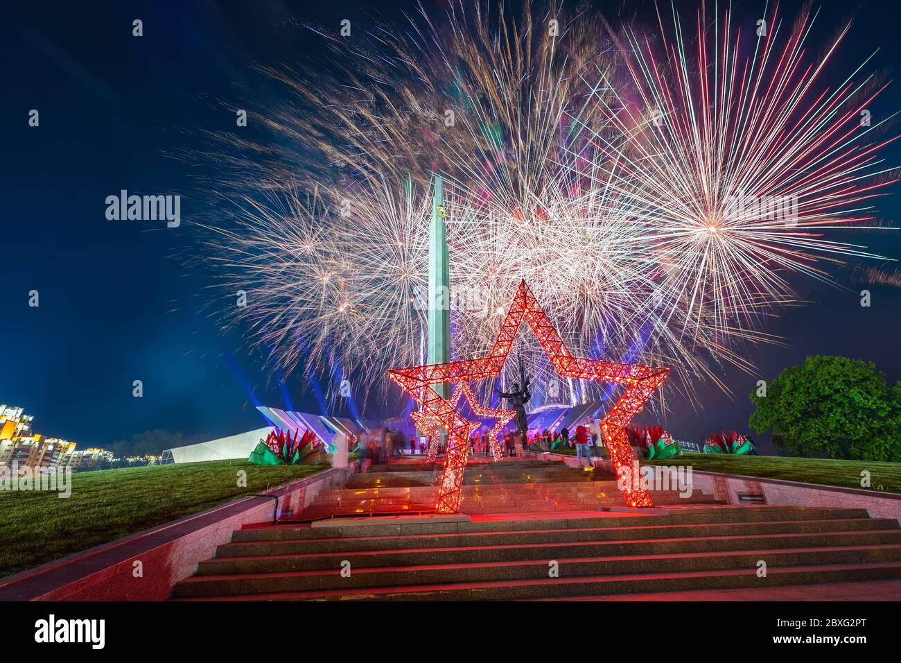 Fireworks over Belarusian Great Patriotic War Museum at the celebration ...