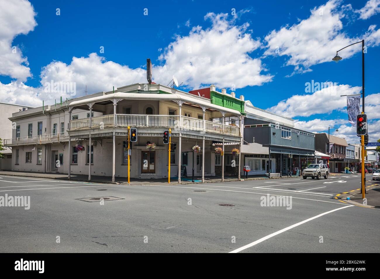 City centre with a historic heritage building at Nelson, New Zealand ...