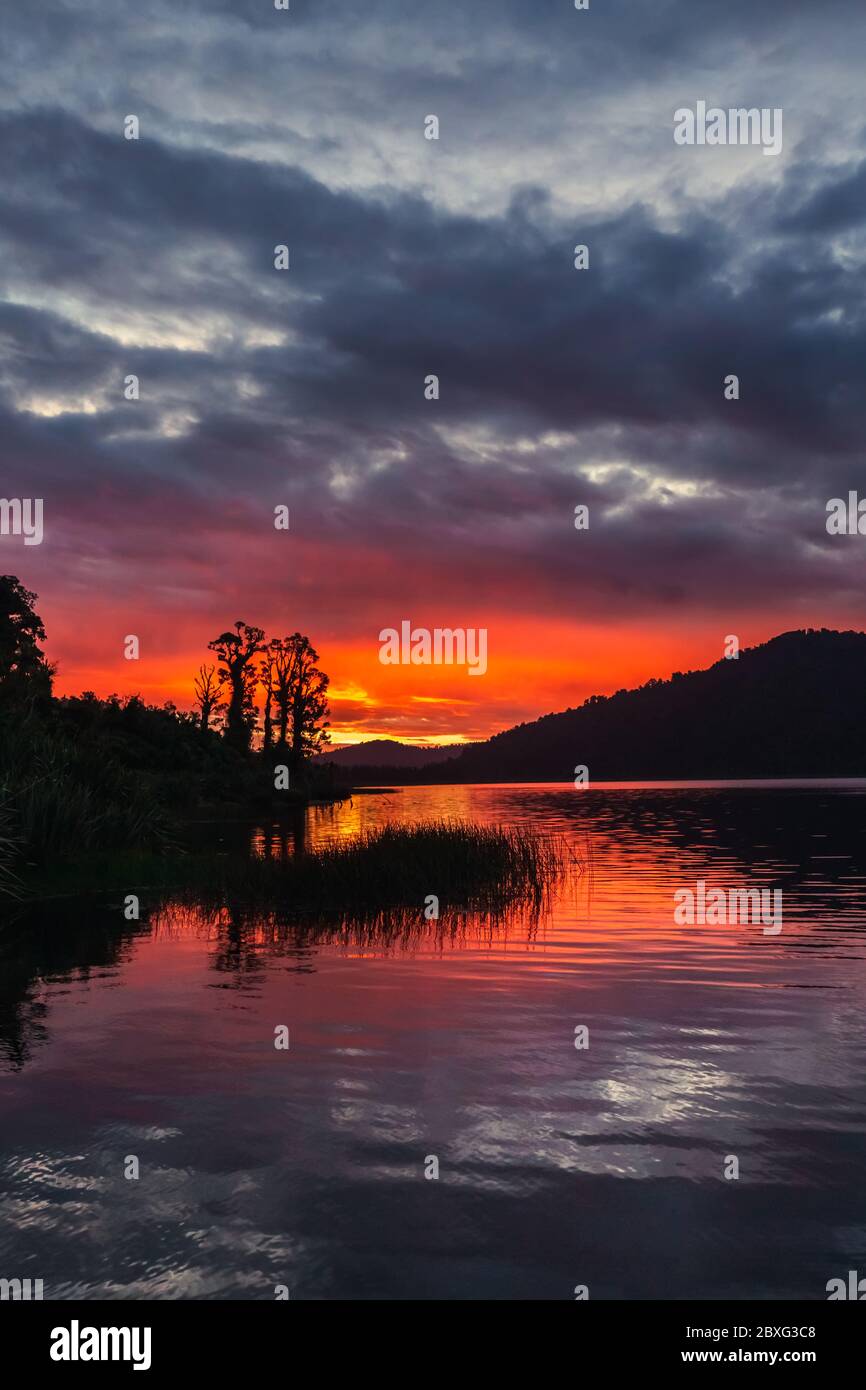 Lake Lanthe, Harihari, West Coast, New Zealand. Mirror lake landscape ...