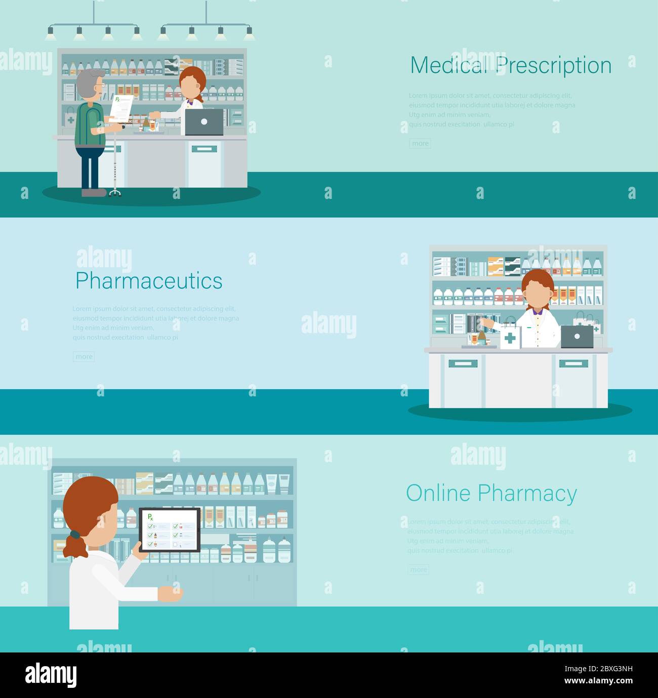 Set of medical banners with pharmacy counter and pharmacist flat design ...