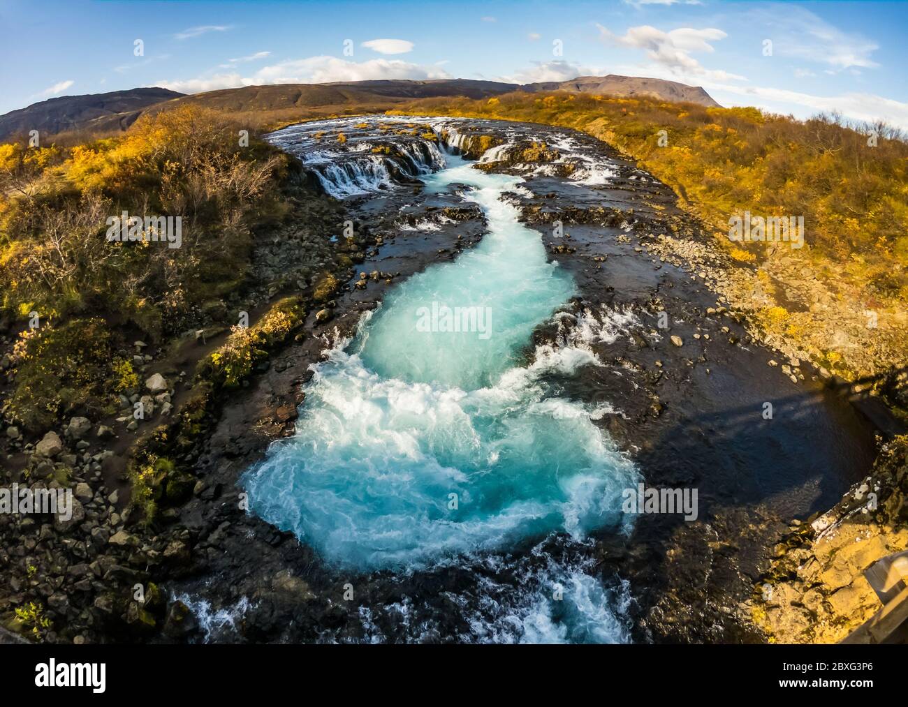 Blue Bruarfoss waterfalls in Iceland. Great tourist attraction Stock ...