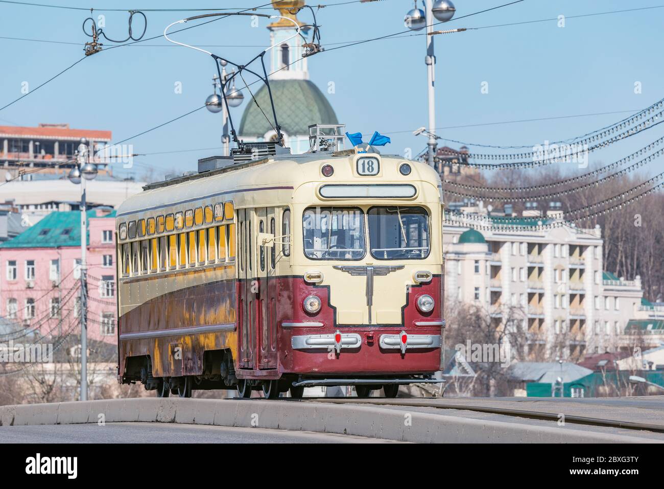Old vintage tramway cars on the empty city street. Moscow. Russia Stock ...