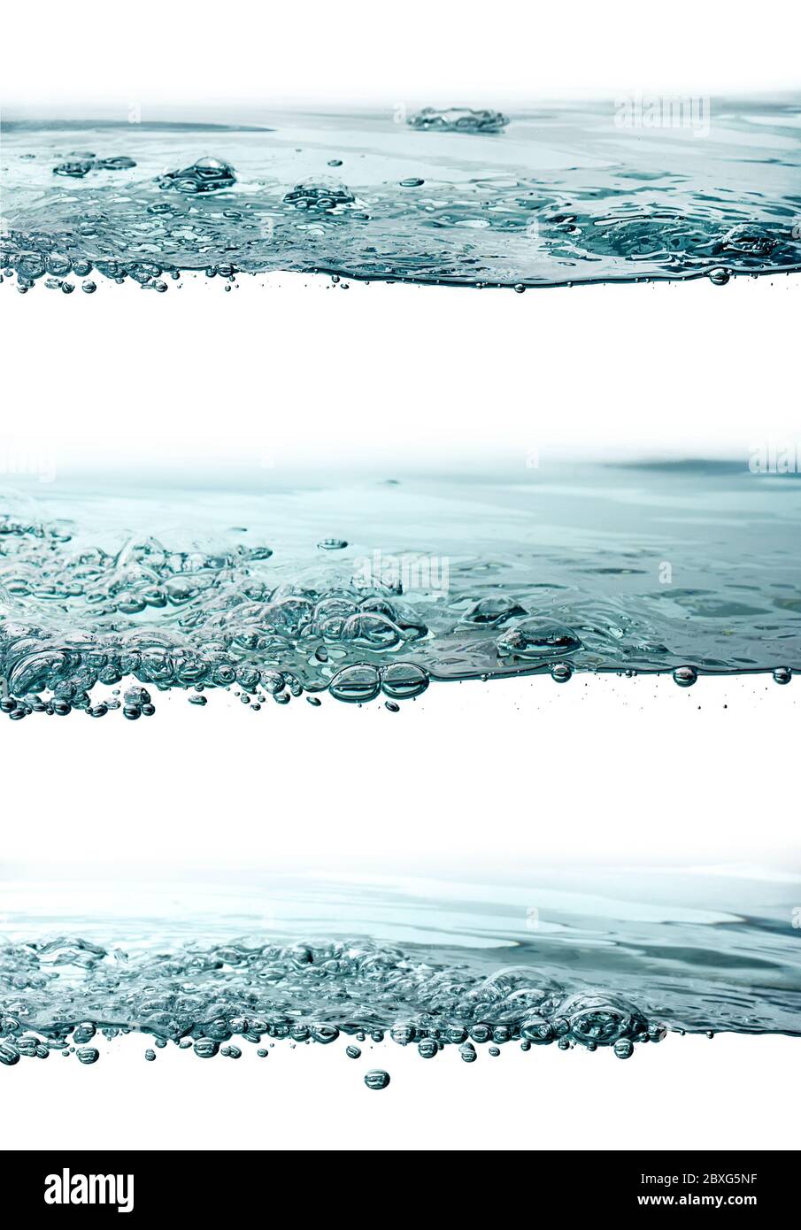 Set with three closeup surfaces of boiling water isolated on white ...