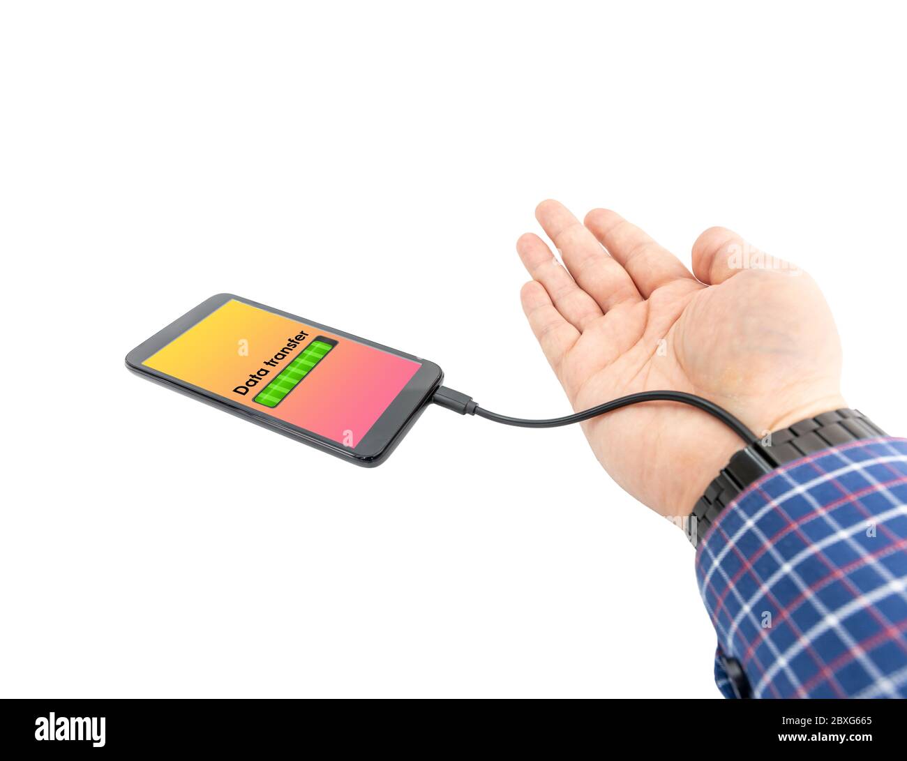 Augmented human hand connected to a smartphone via usb cable and ...