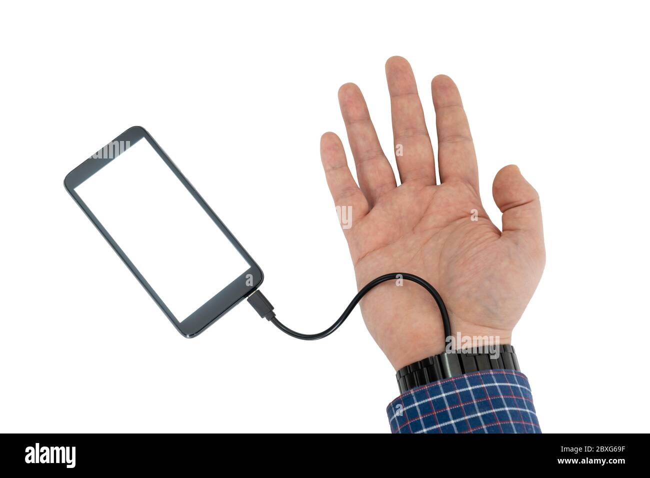 Augmented human hand connected to a smartphone via usb cable and ...