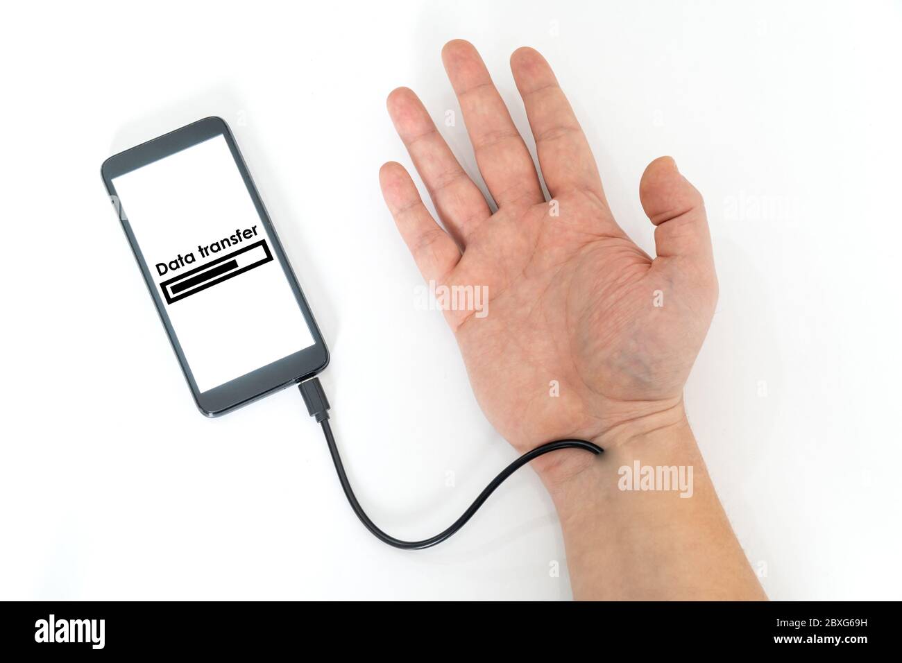 Augmented human hand connected to a smartphone via usb cable and ...