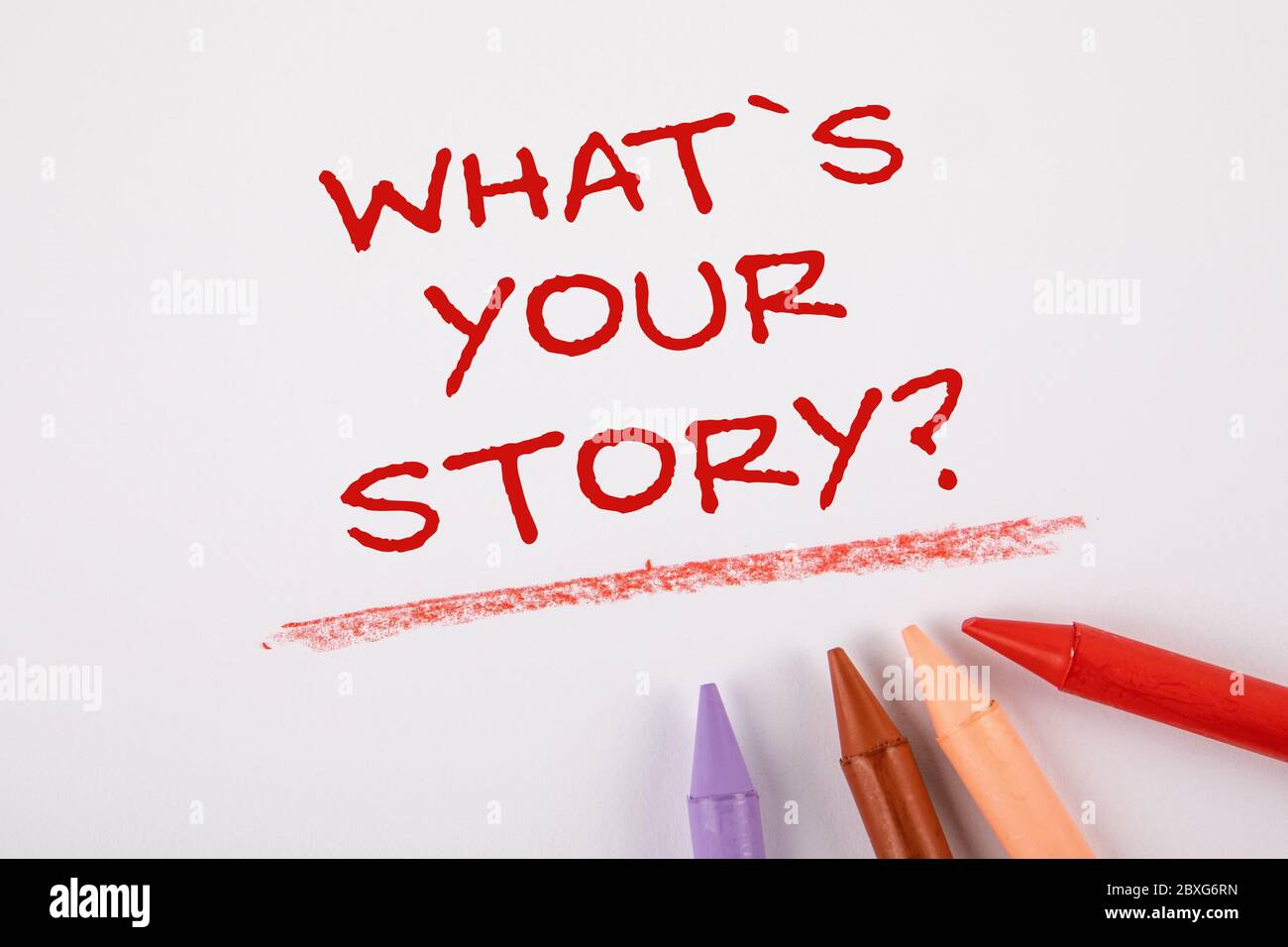 WHATS YOUR STORY. Text on a white page. Colored pastels Stock Photo - Alamy