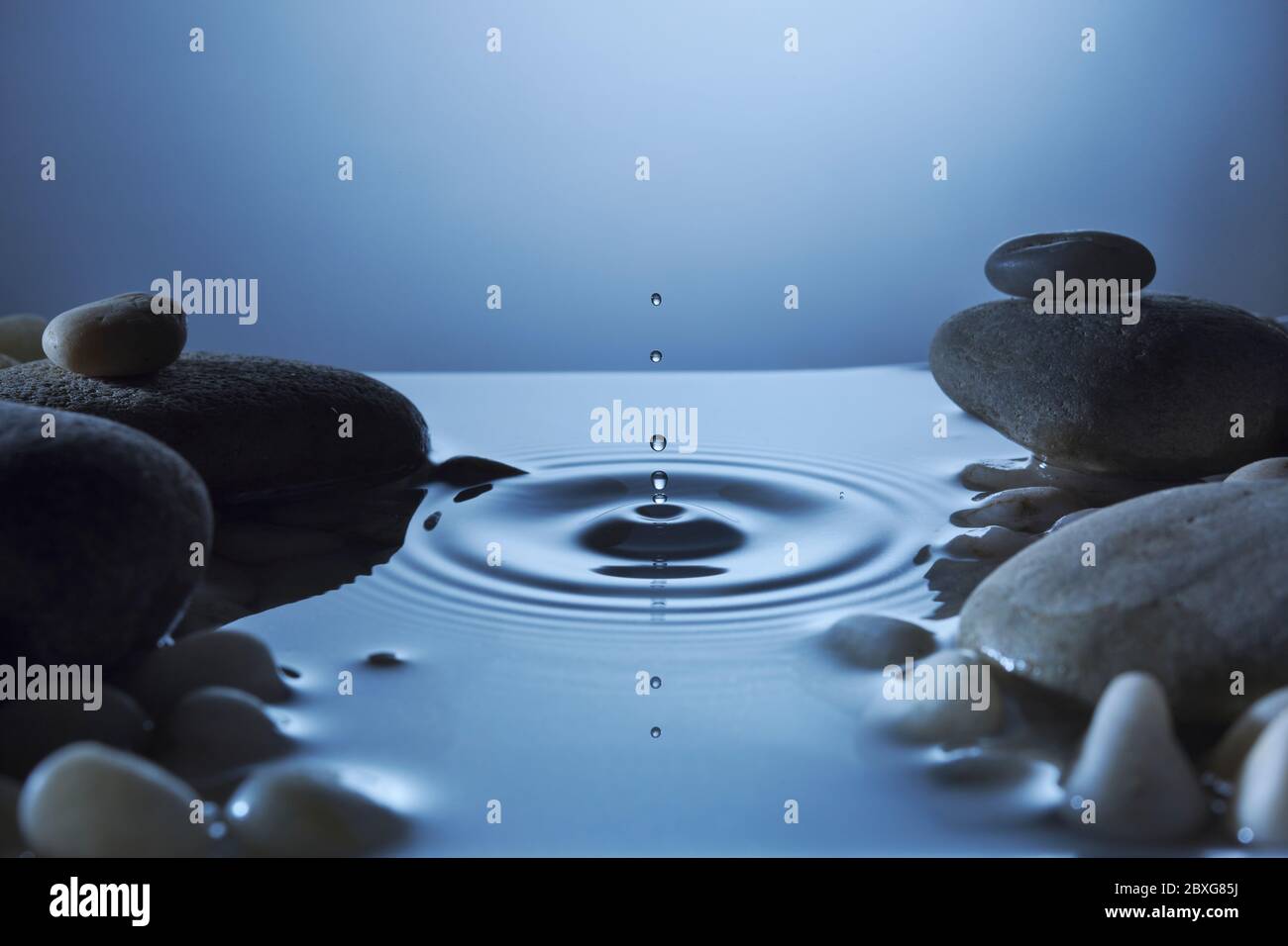 Perfect water drop in a pond with ripples. Blue tones to reflect puddle ...