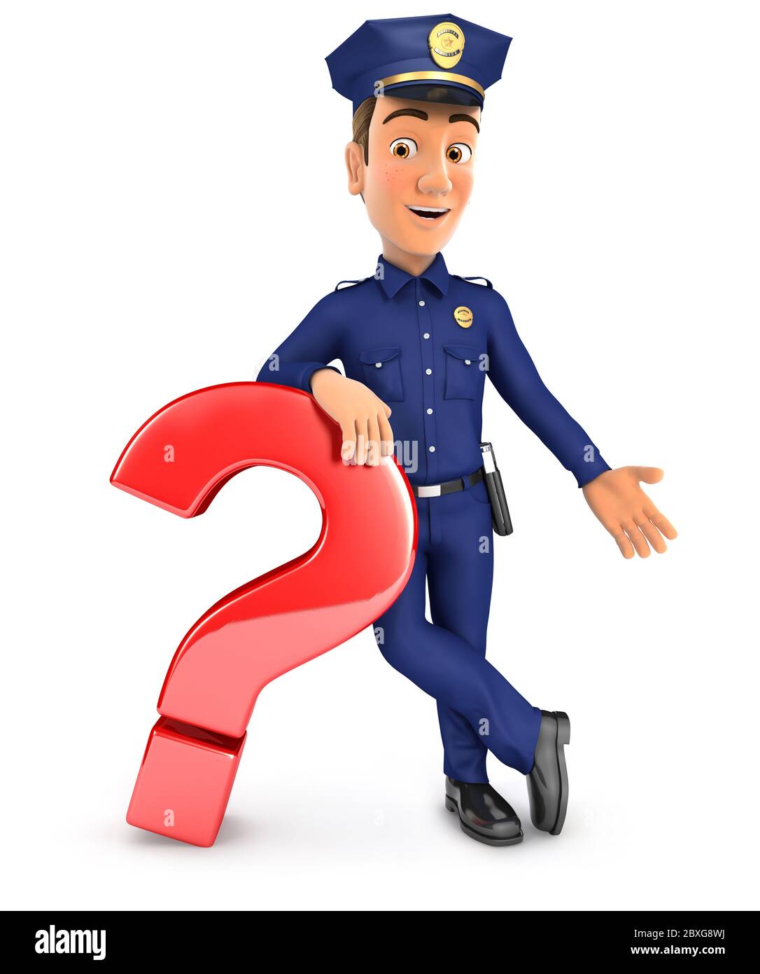 3d policeman leaning against question mark, illustration with isolated ...