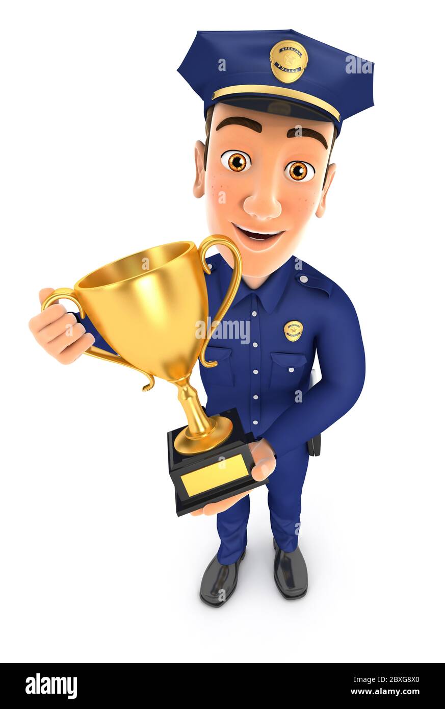 3d policeman standing with gold trophy cup, illustration with isolated ...