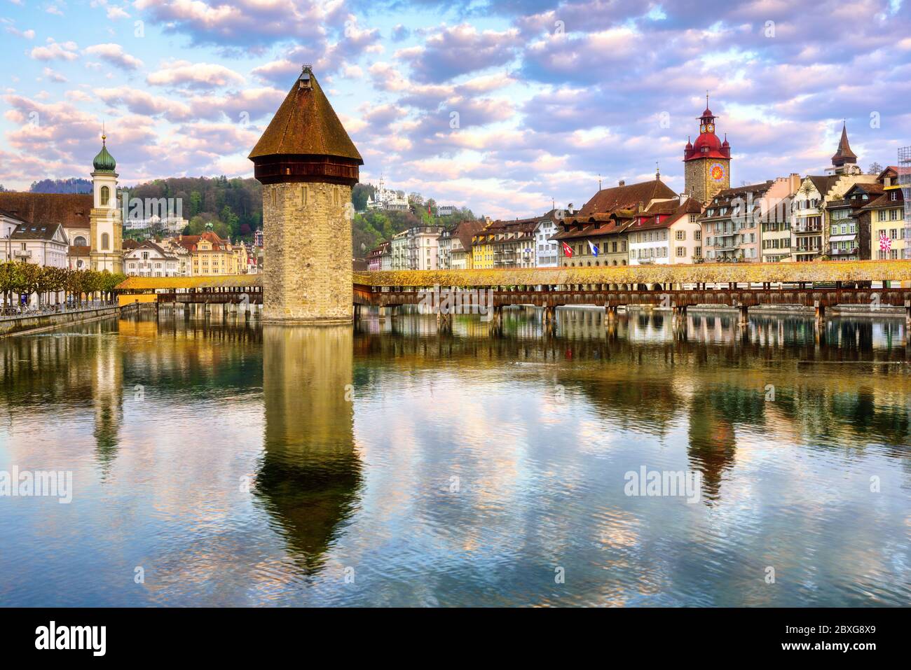 Lucerne, Switzerland, view of the Old town with wooden Chapel bridge ...