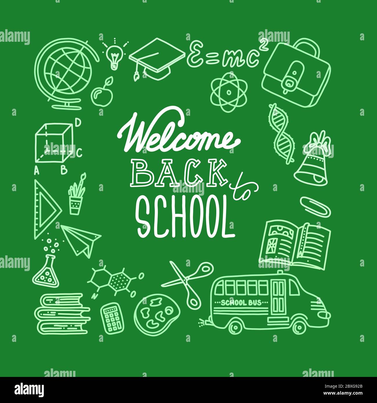 Back to school square banner with lettering. Green background and white ...