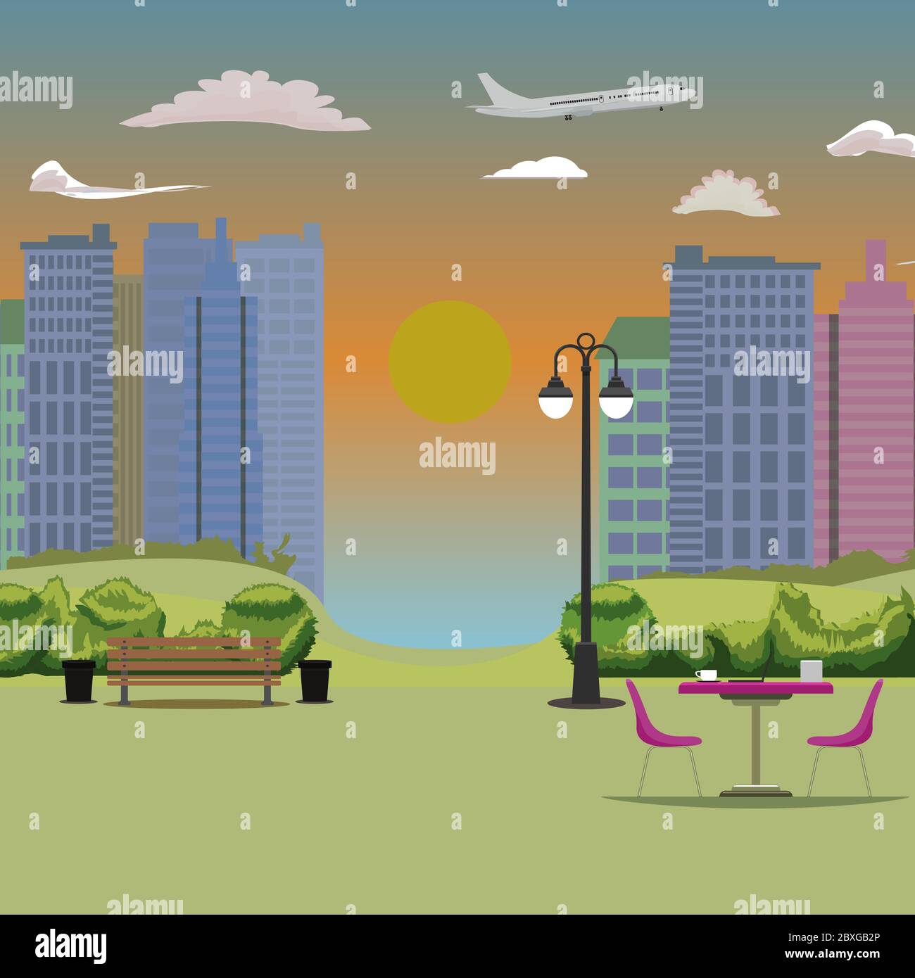 Empty Park with cityscape background. Bench table and chair. Flat ...