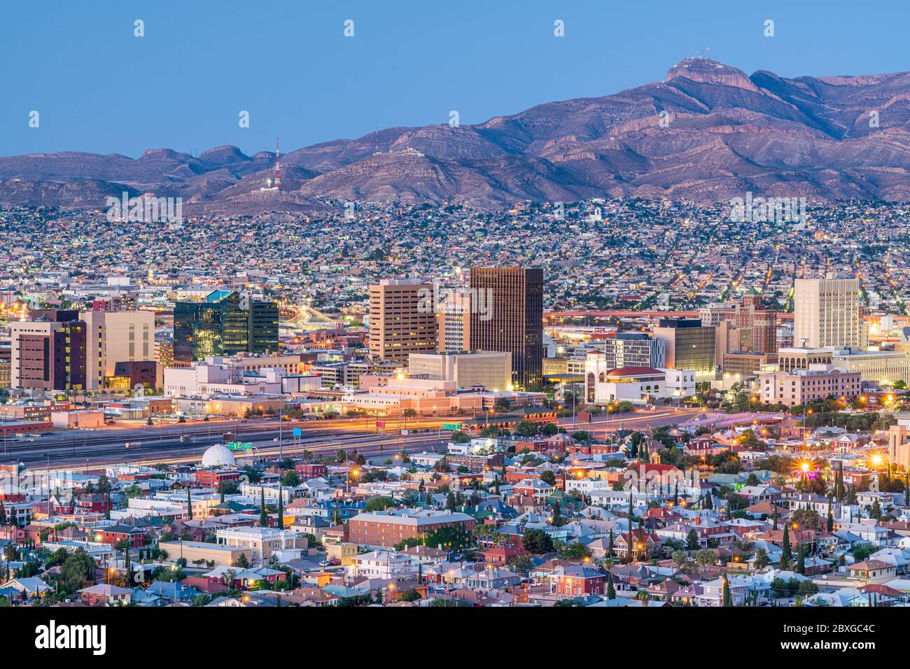 El Paso, Texas, USA downtown city skyline at dusk with Juarez, Mexico ...