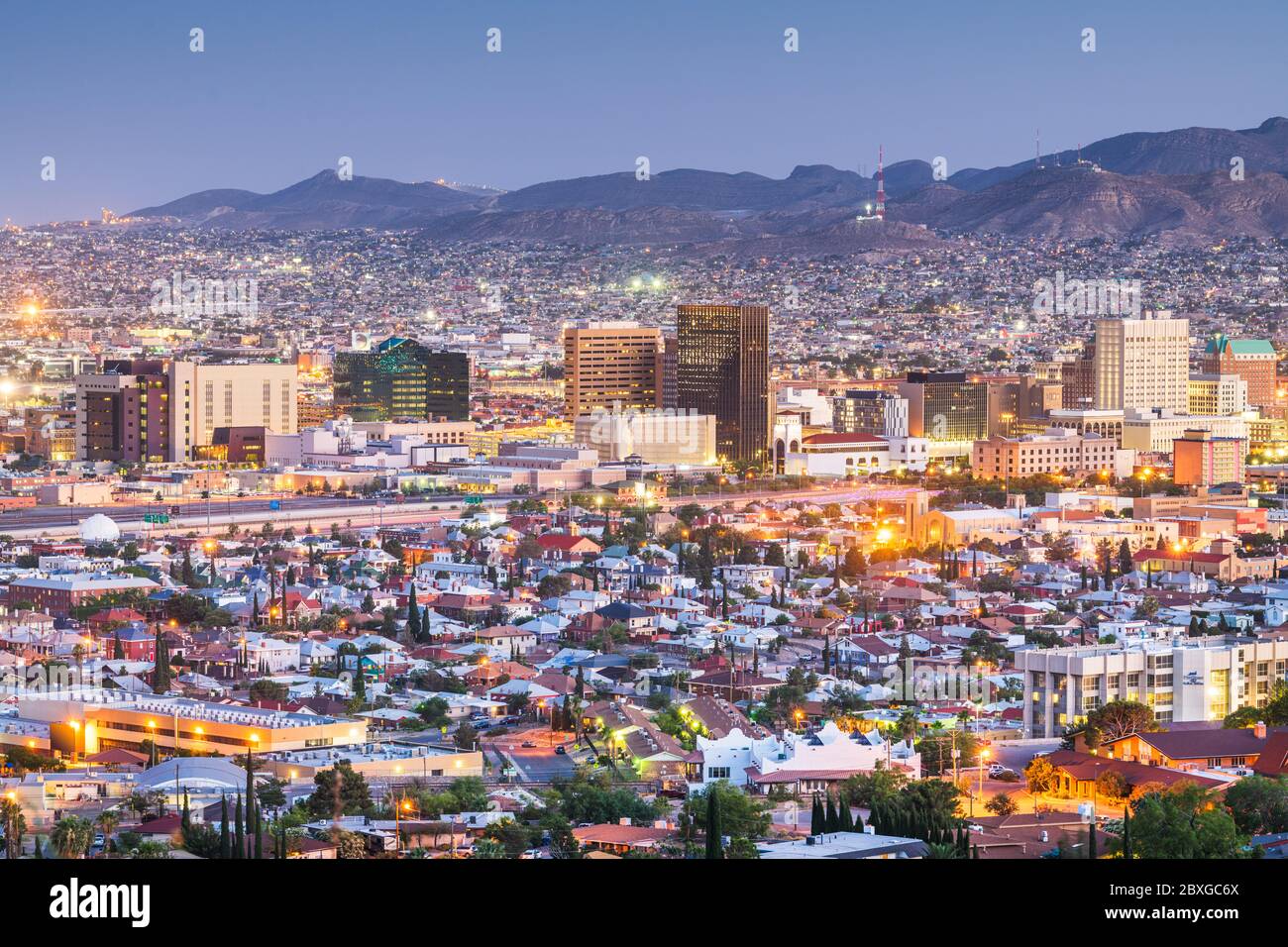 El Paso, Texas, USA downtown city skyline at dusk with Juarez, Mexico ...