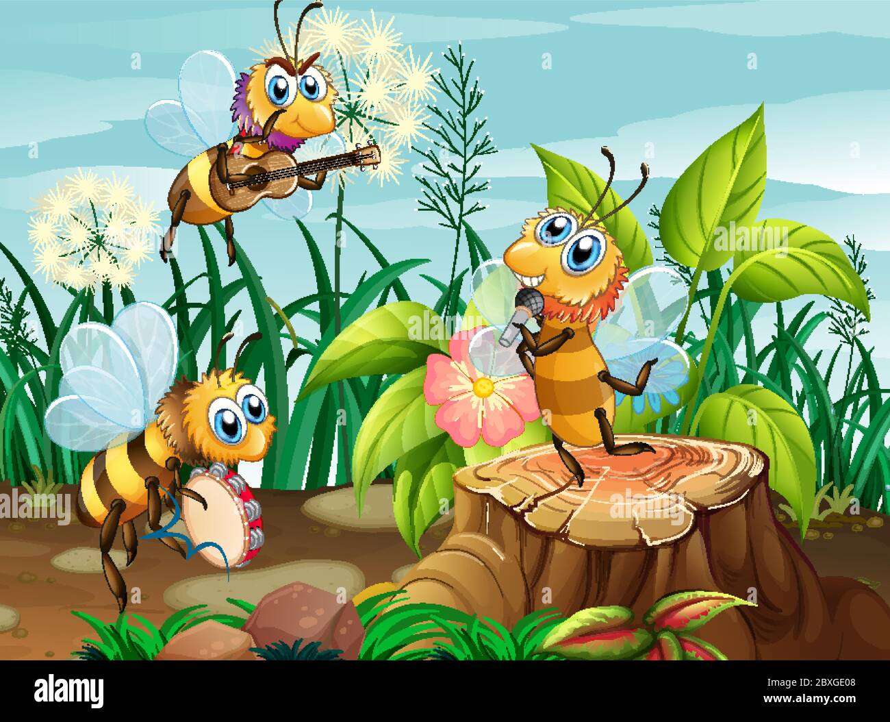 Bee music band playing in nature illustration Stock Vector Image & Art ...
