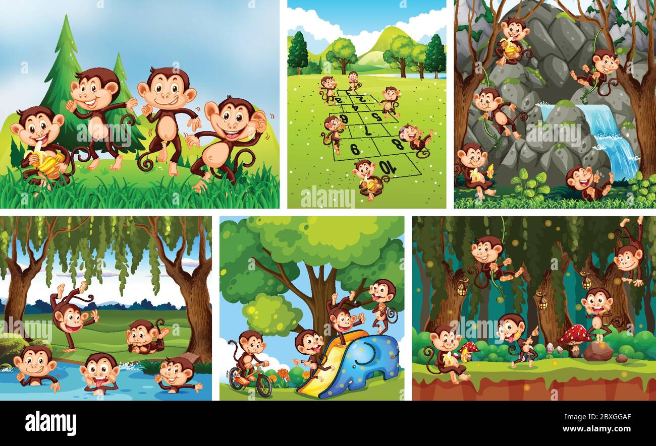 Set of playful monkey in nature background illustration Stock Vector ...