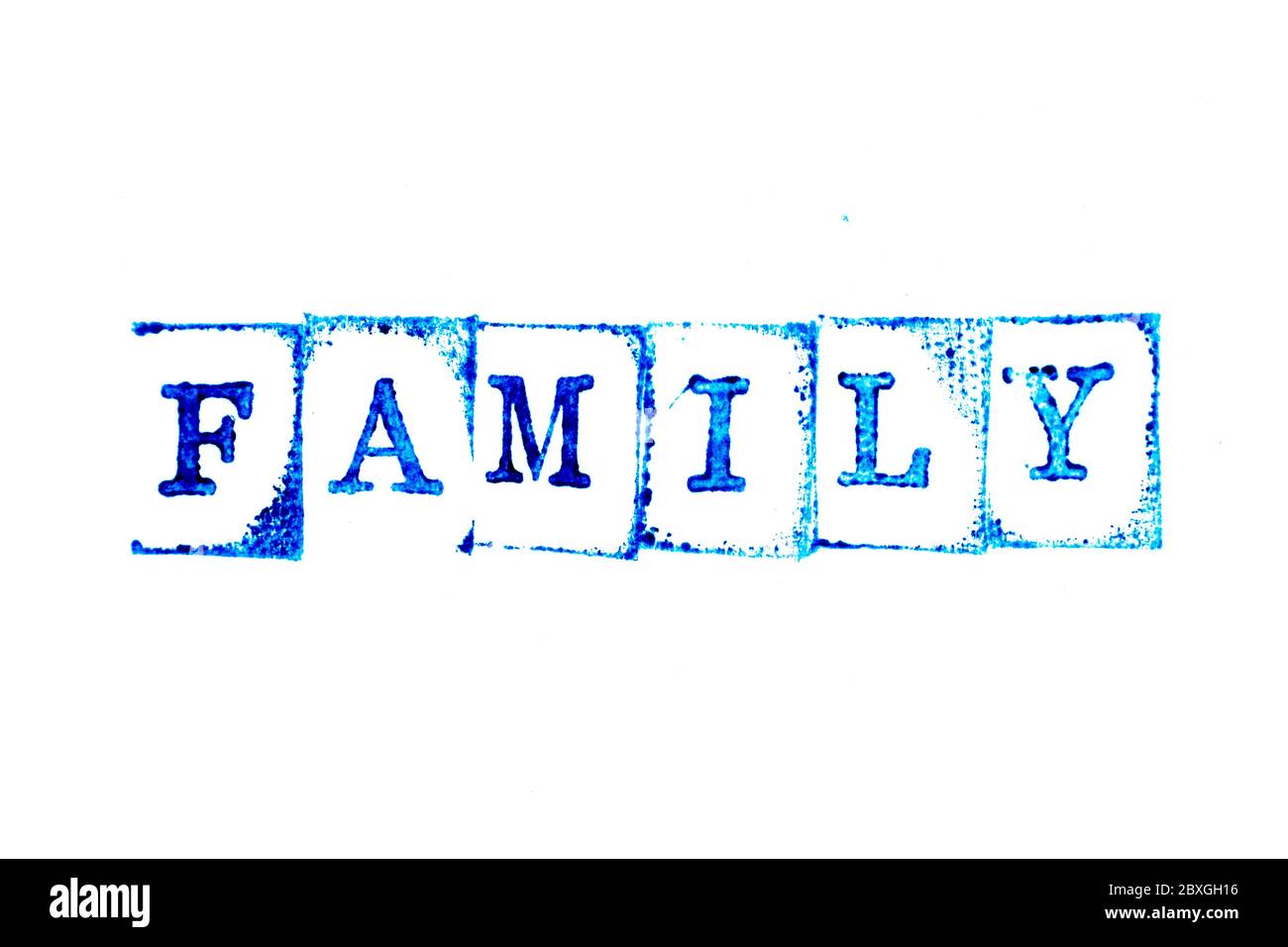 Blue ink of rubber stamp in word family on white paper background Stock ...
