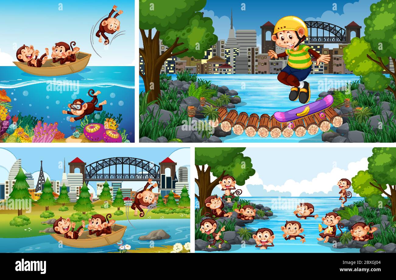 Set of monkey in different background illustration Stock Vector Image ...
