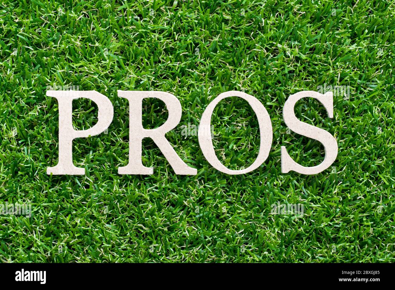Wood alphabet in word pros on artificial green grass background Stock ...
