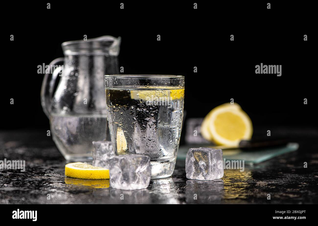 Some chilled sparkling water (detailed close up shot; selective focus ...