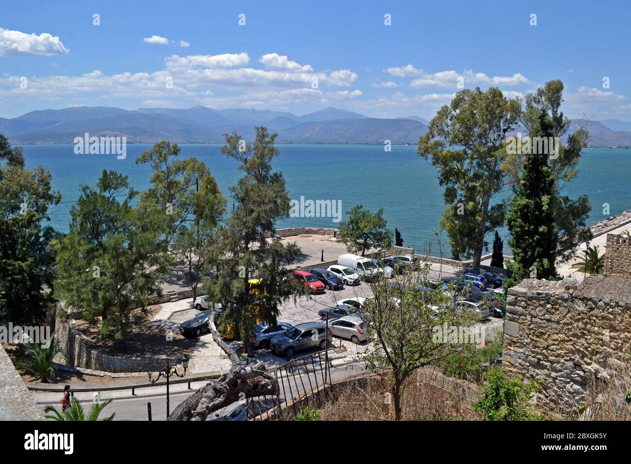 Top view of a parking and the Argolic gulf in Nafplio, Greece Stock ...