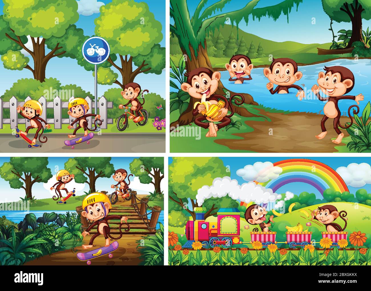 Set of monkey in different background illustration Stock Vector Image ...