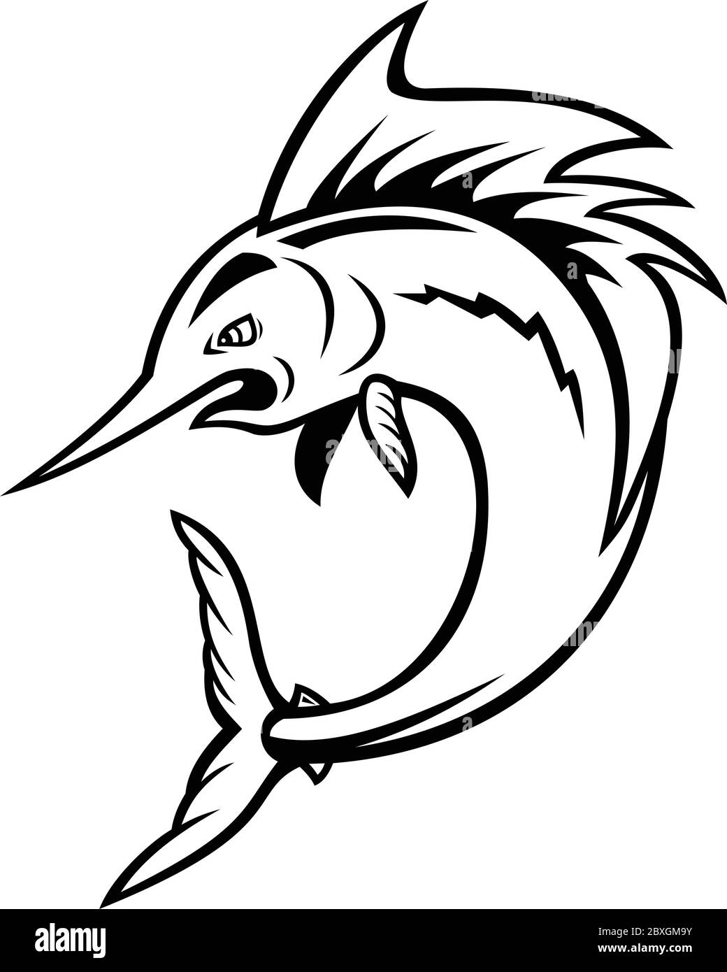 Cartoon illustration of an Atlantic sailfish swordfish jumping viewed ...