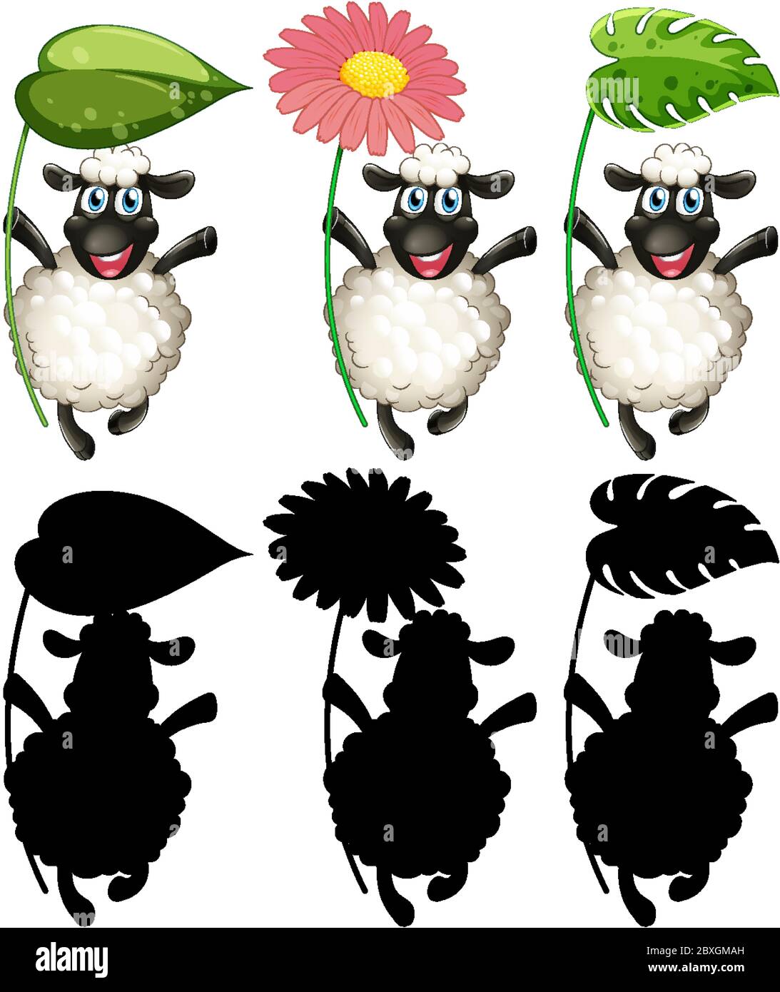Happy sheep holding leaf and flower set illustration Stock Vector Image ...