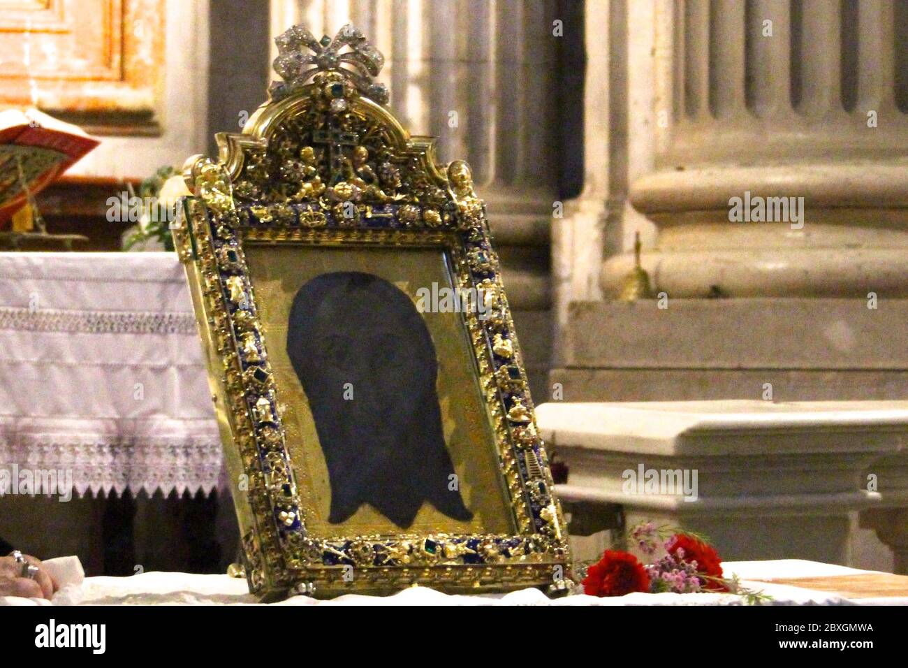 Veil of Veronica or Sudarium in Jaen Cathedral brought out once a week Andalusia Spain Stock ...