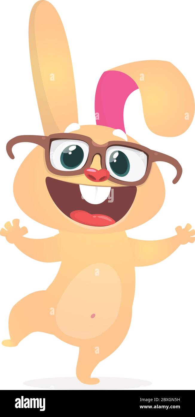 Happy cartoon rabbit with eyesglasses hopping. Vector illustration of ...