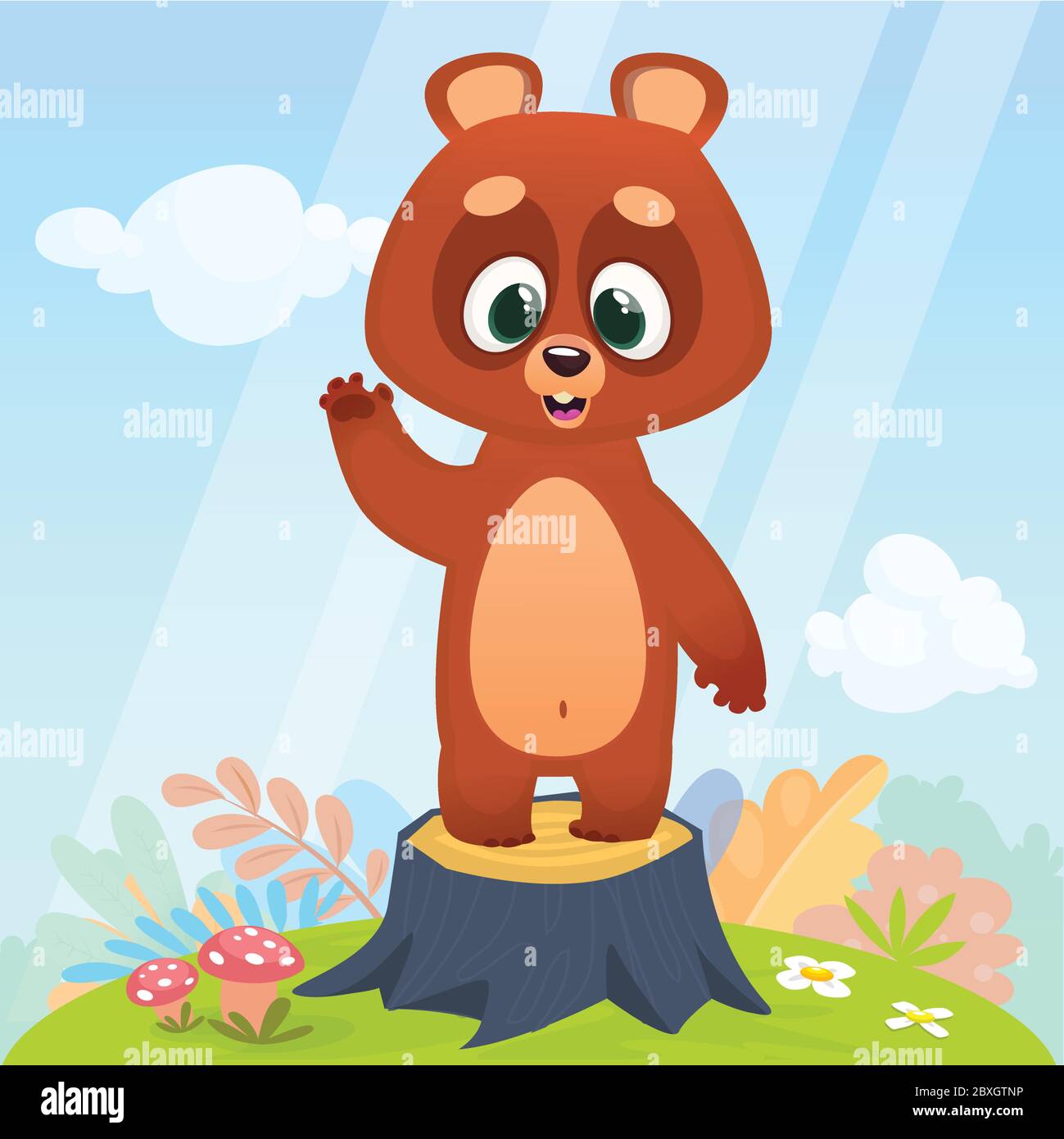 Cartoon funny brown bear wave hand and standing on tree stump on summer ...