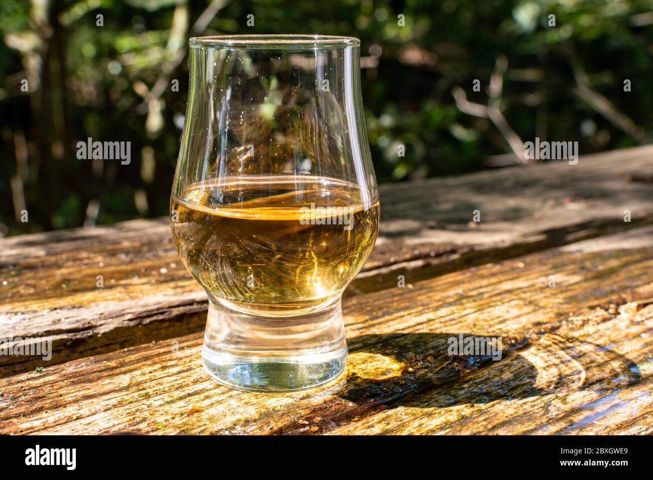 Tasting of different Scotch whiskies on outdoor terrace, dram of ...