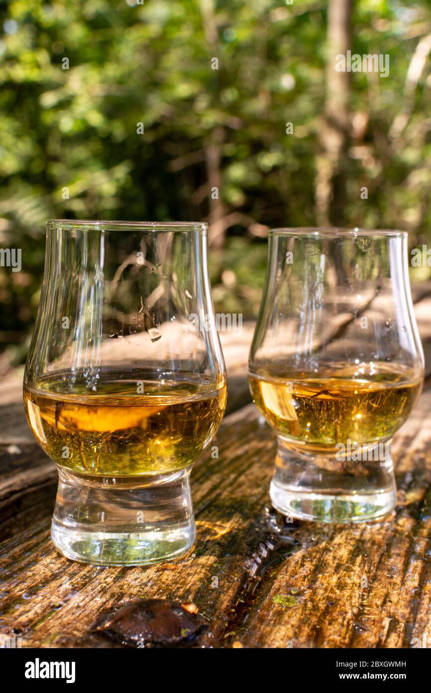 Tasting of different Scotch whiskies on outdoor terrace, dram of ...