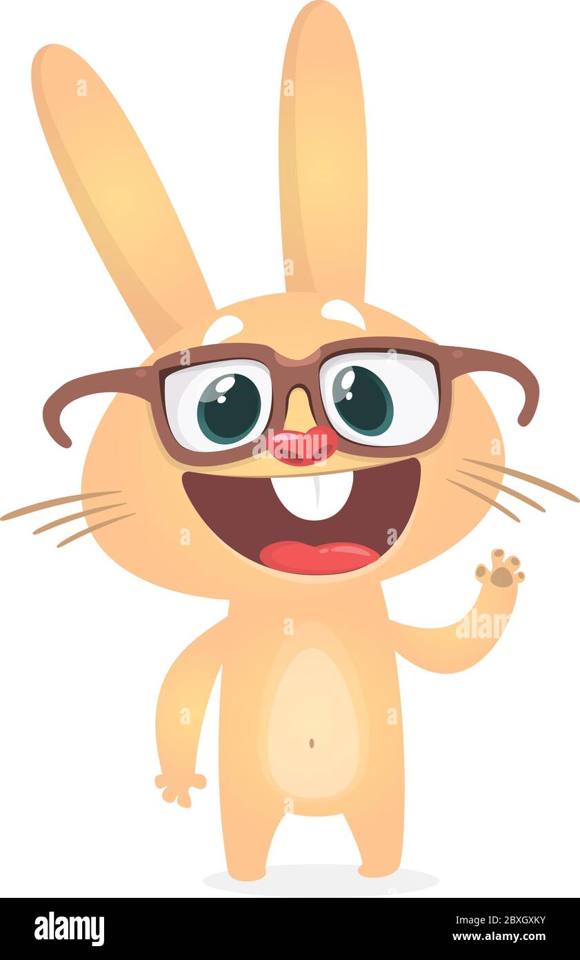 Cute cartoon rabbit wearing eyesglasses waving hand. Vector ...