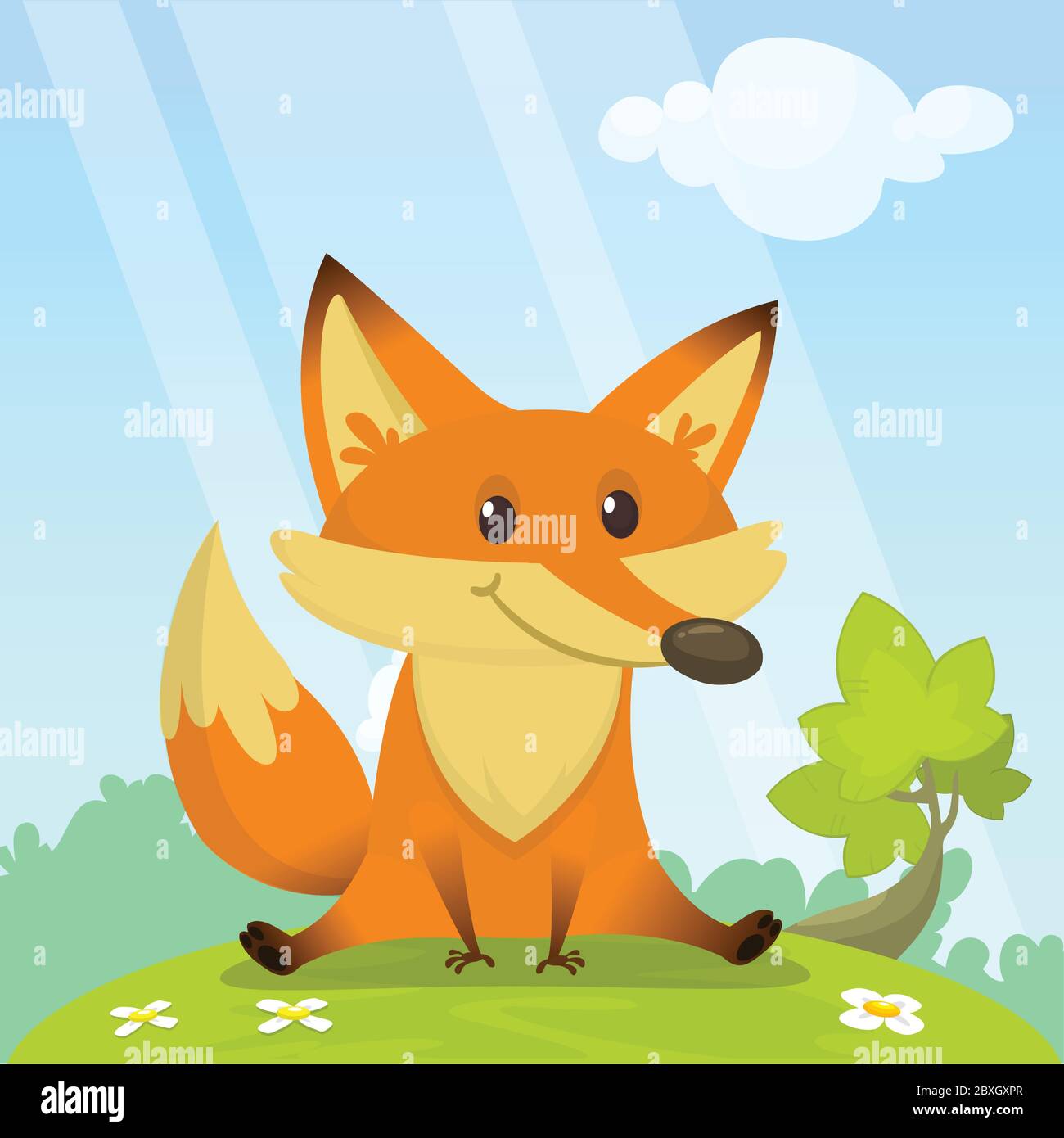 Cute fox sits on green glade. Vector illustration with an animal in ...