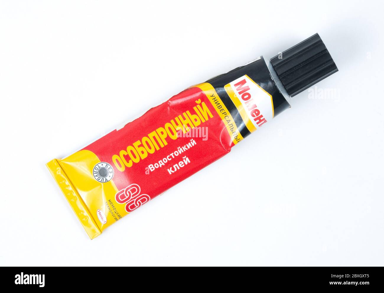 TBILISI, GEORGIA- April 18, 2020: Famous Moment glue in tube on white ...