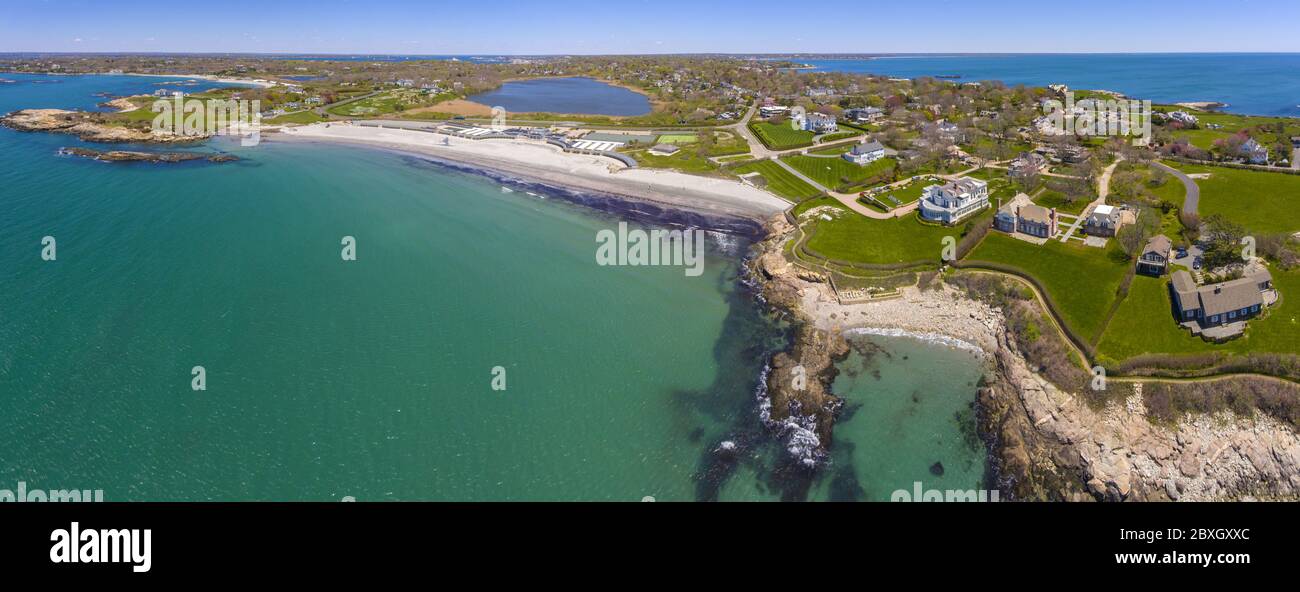 Aerial view of Bailey Beach at the end of Cliff Walk in city of Newport ...