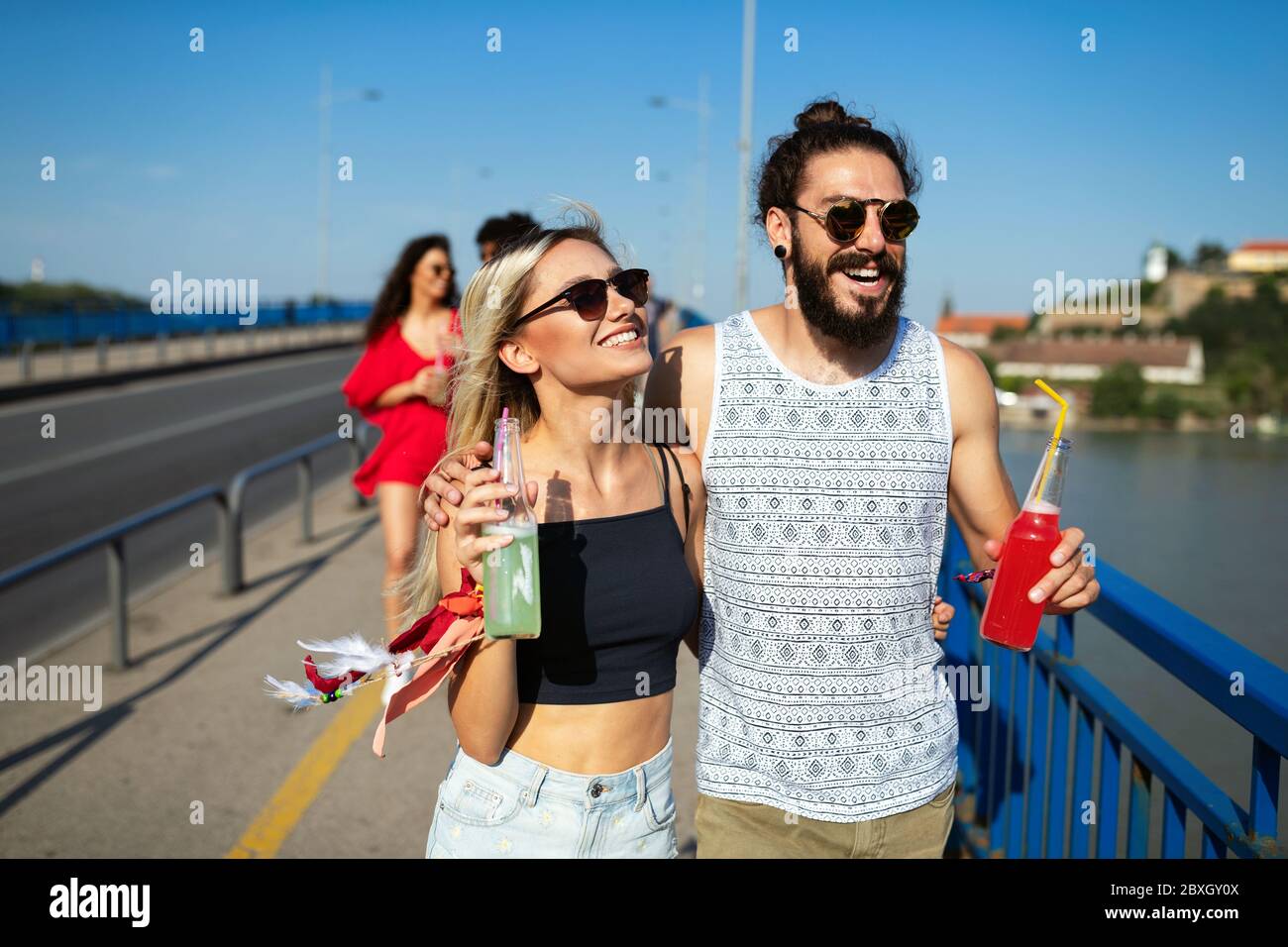 Group of happy friends people having fun together outdoors Stock Photo ...