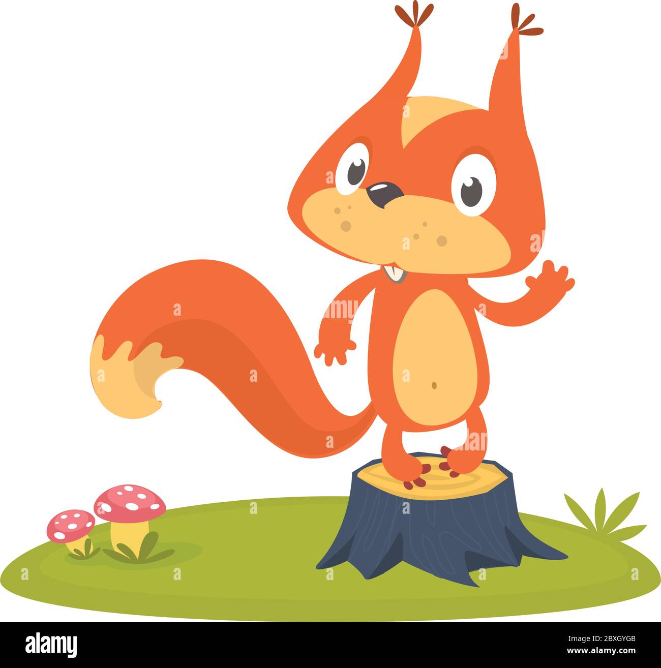 Cartoon squirrel on tree stump in summer season background. Vector illustration Stock Vector ...