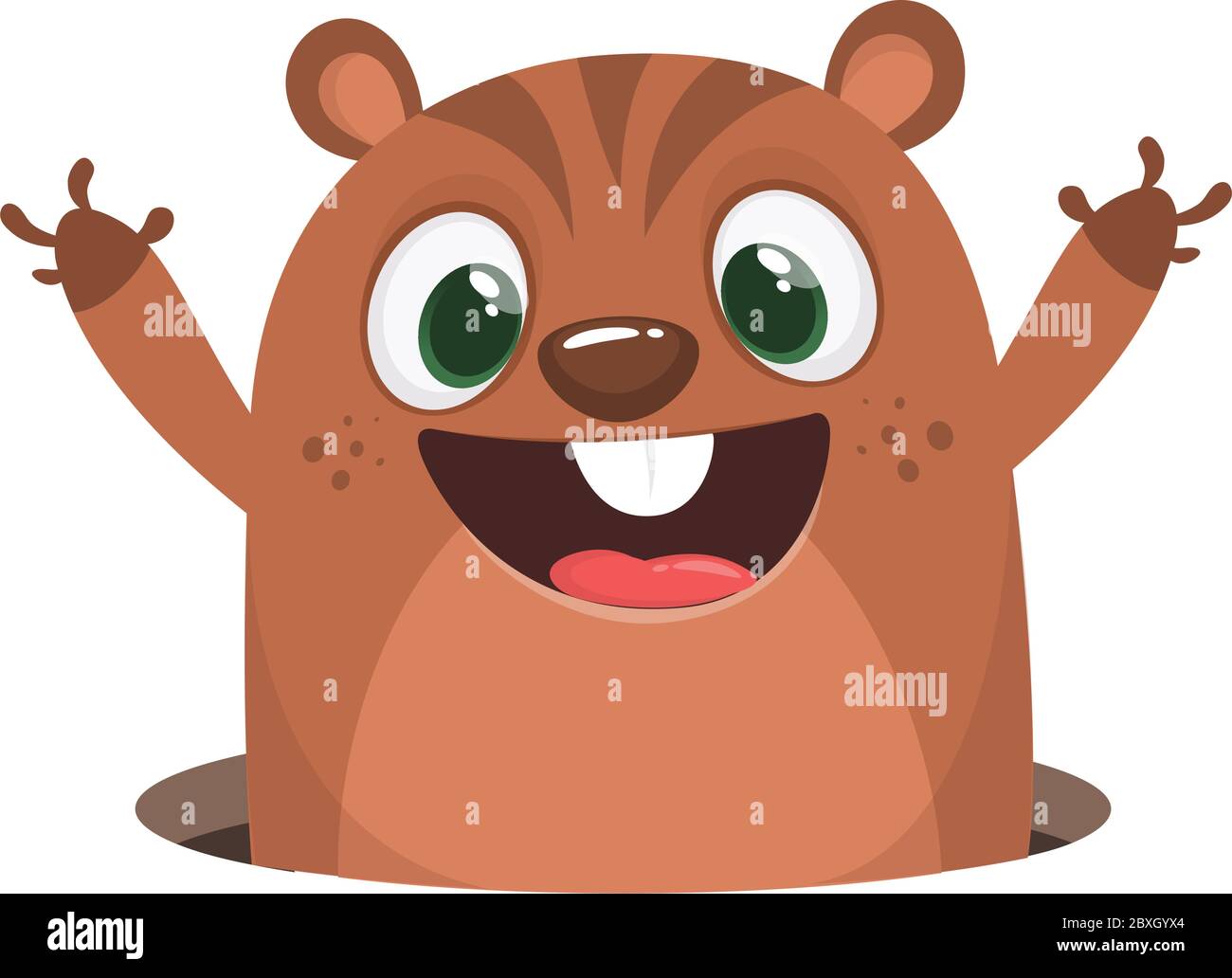 Cute cartoon brown marmot looking from hole in ground. Groundhog Day ...