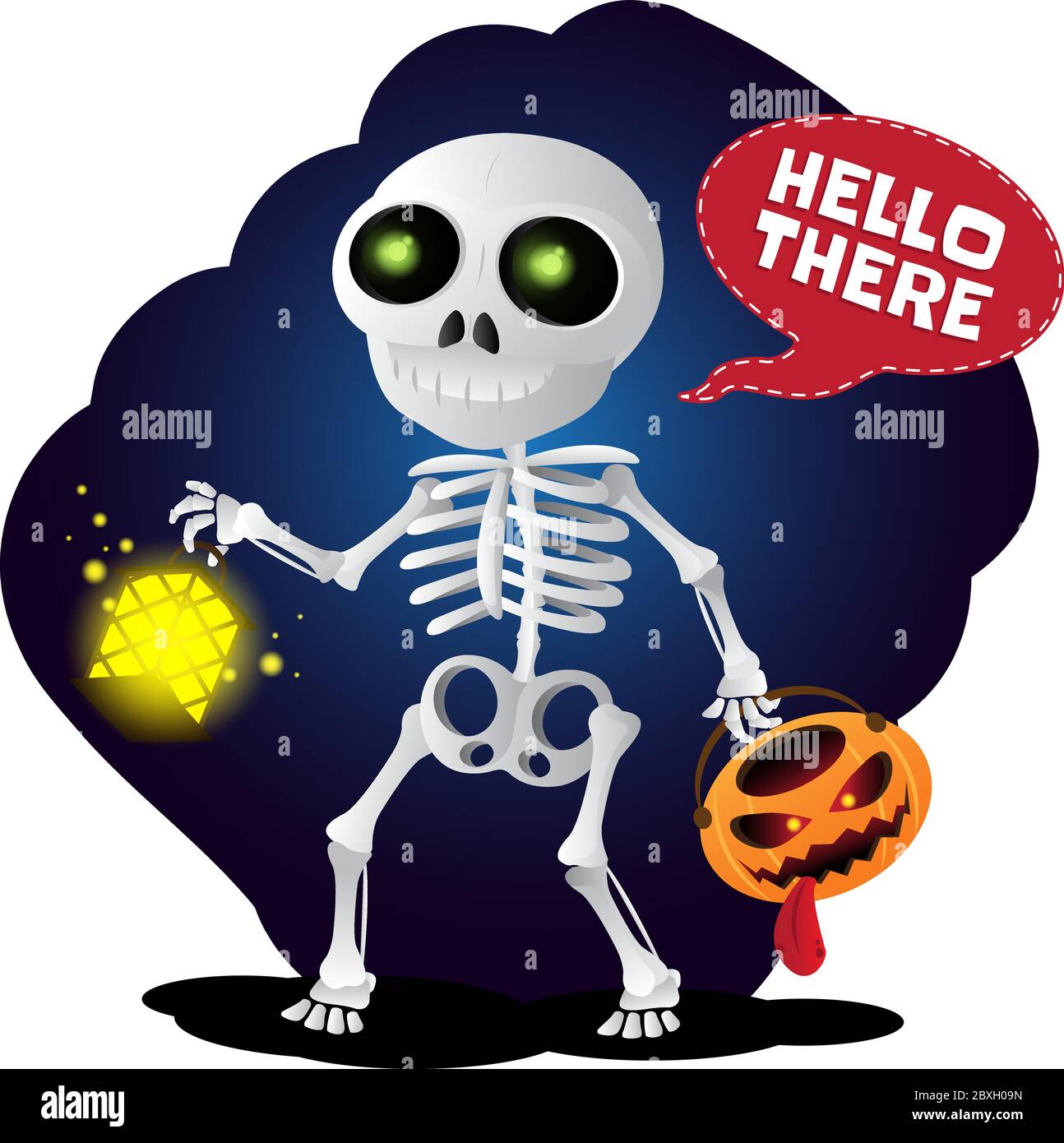 Happy Cartoon Skeleton Walking With Lantern And Pumpkin Head Vector