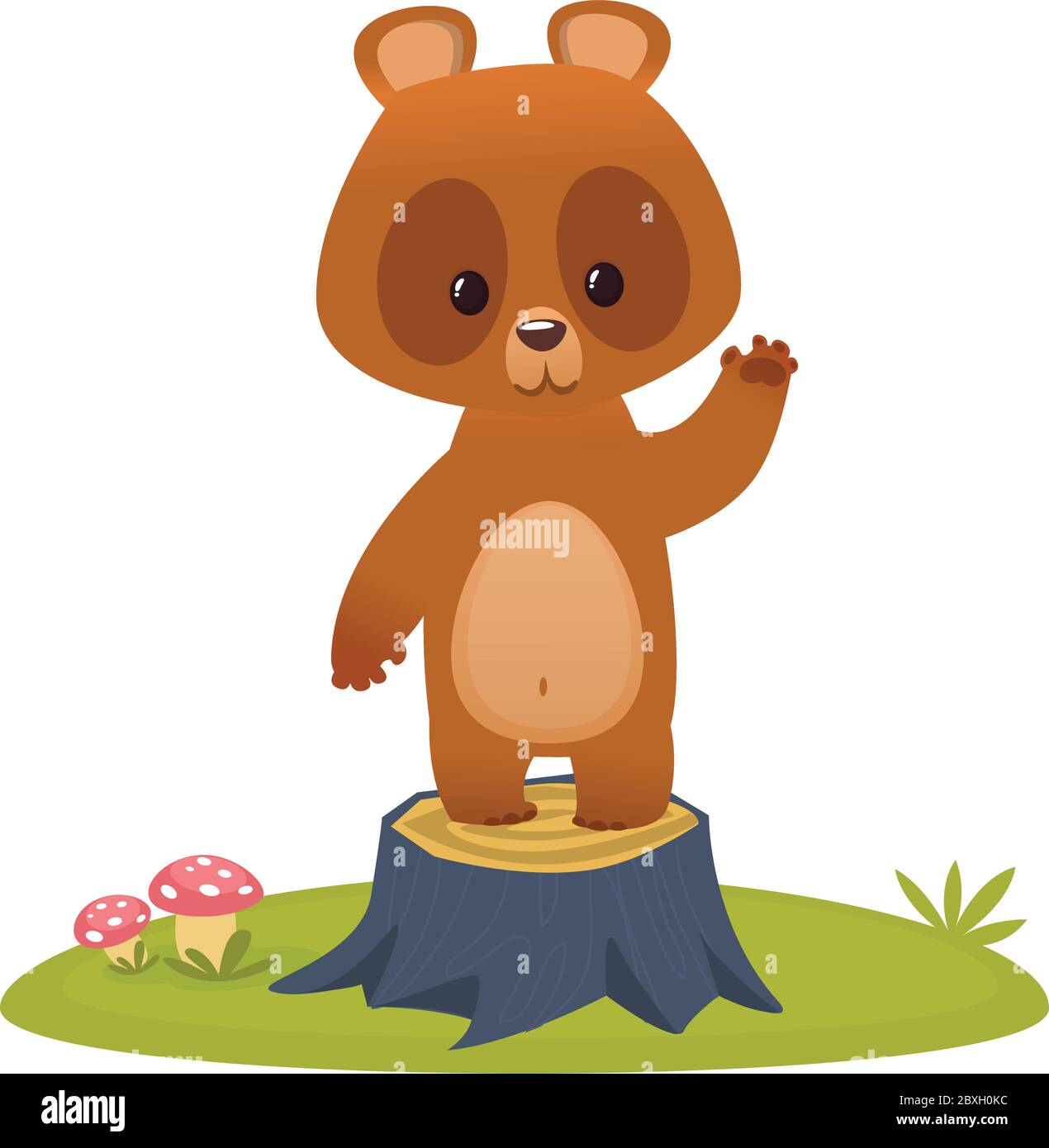 Cute bear cartoon waving hand and standing on a tree stump. Vector ...