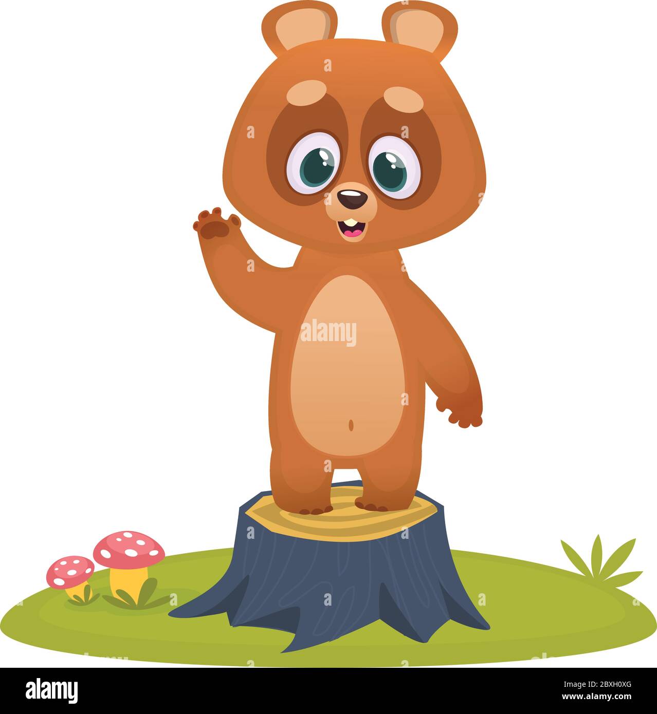 Cartoon happy bear waving hand stand on a tree stump. Vector ...