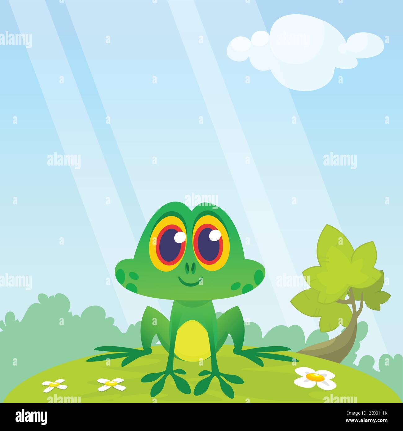 Frog Cartoon Character sitting on the ground isolated on forest ...