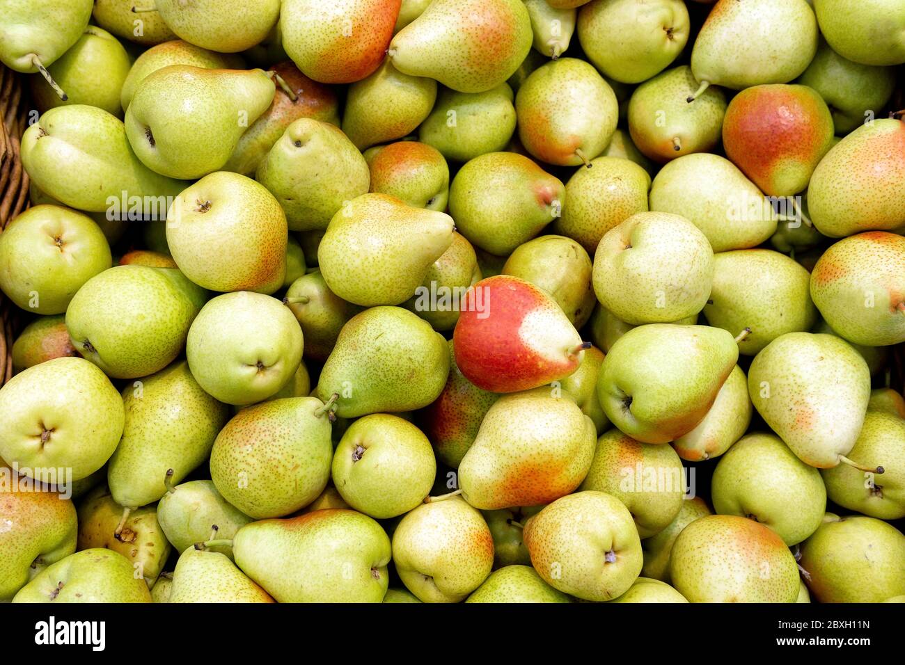 Fresh delicious organic yellow pears on the shelves of the hypermarket ...
