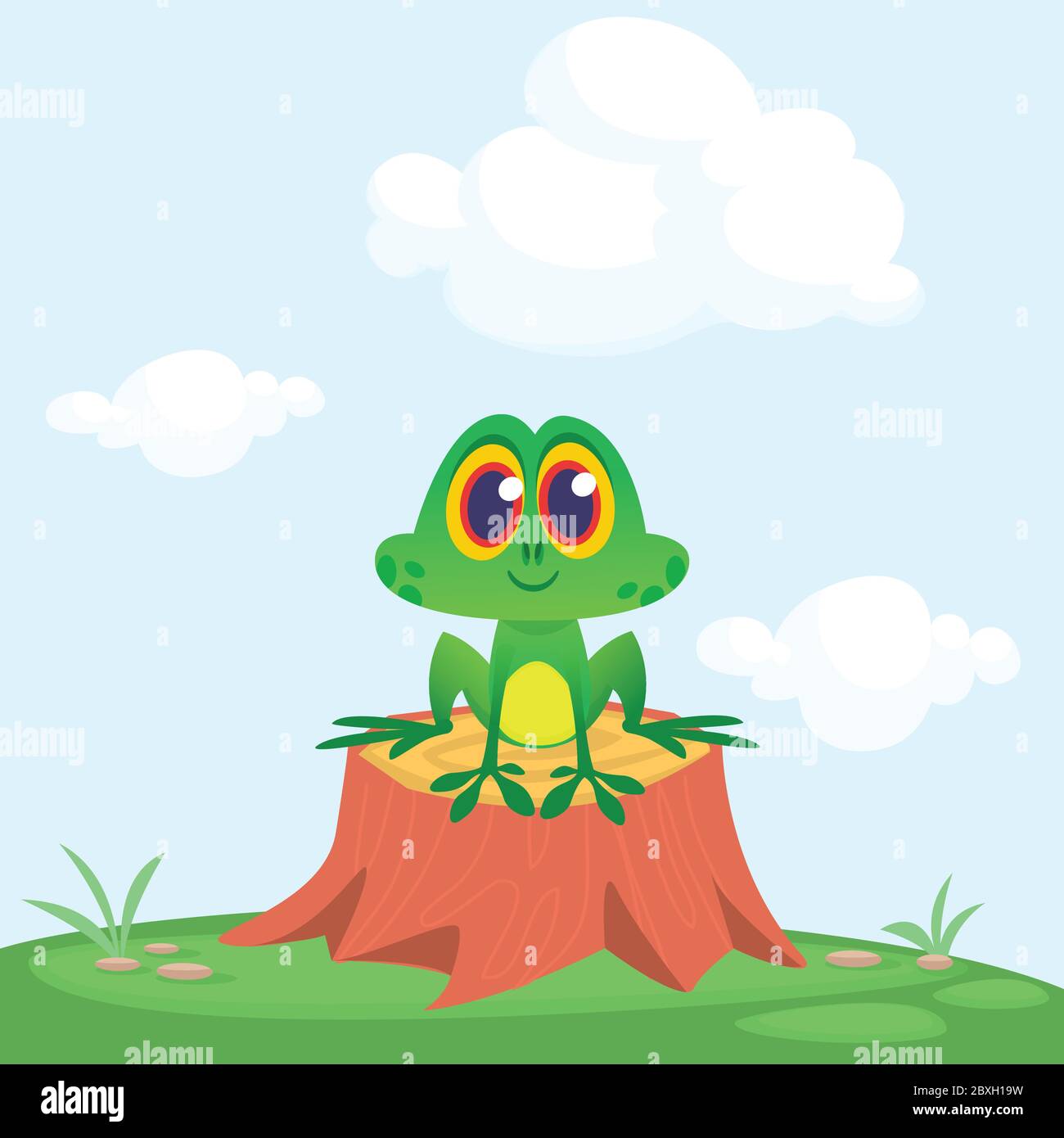 Funny Frog Cartoon Character sitting on tree stump on the meadow ...
